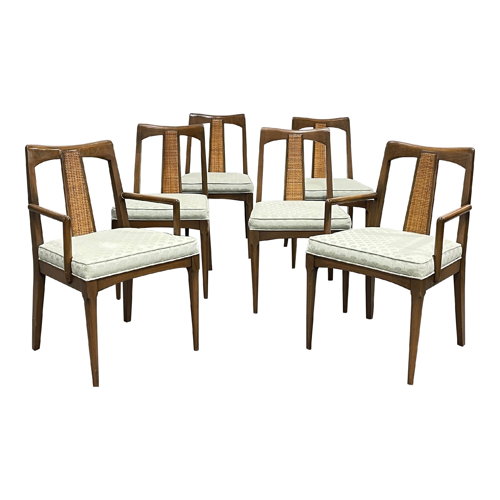Mid Century Modern Walnut Caned Dining Chairs, Set of 6 | Chairish