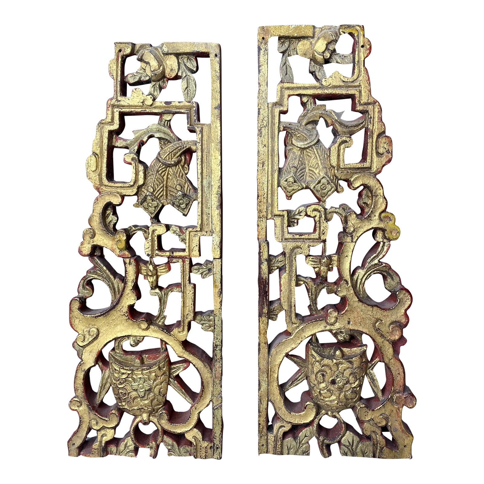 Pair of Carved Wood Antique Chinese Fragments | Chairish