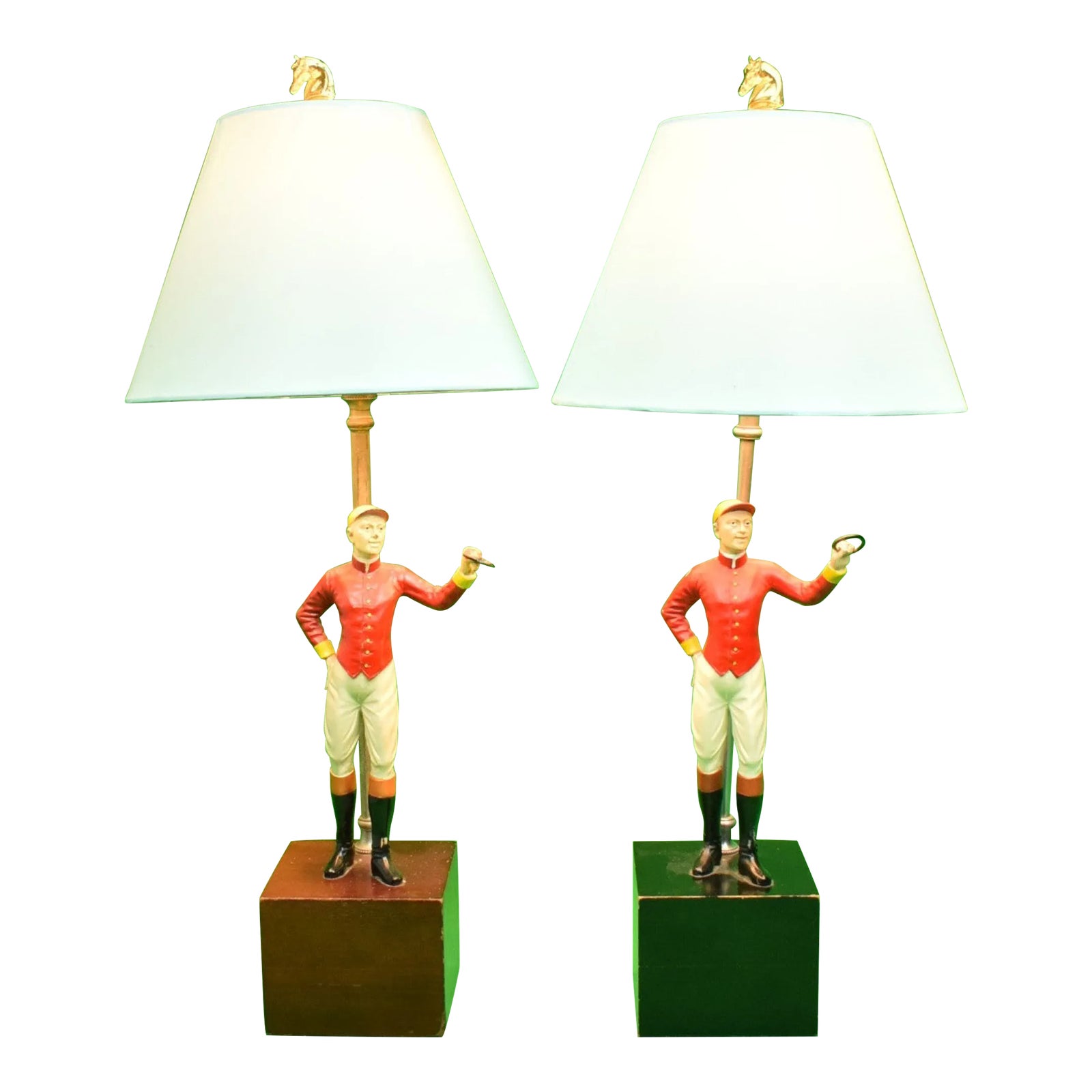 Pair X Mid 20th Century "21" Club Jockey Lamps W/ Blue Silk Shades ...