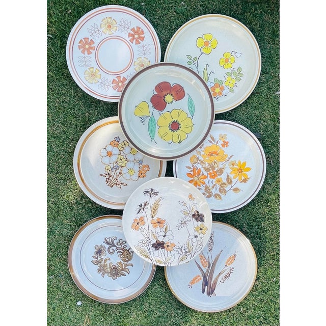 1970s Mixed Set of 8 Floral Stoneware Dinner Plates | Chairish