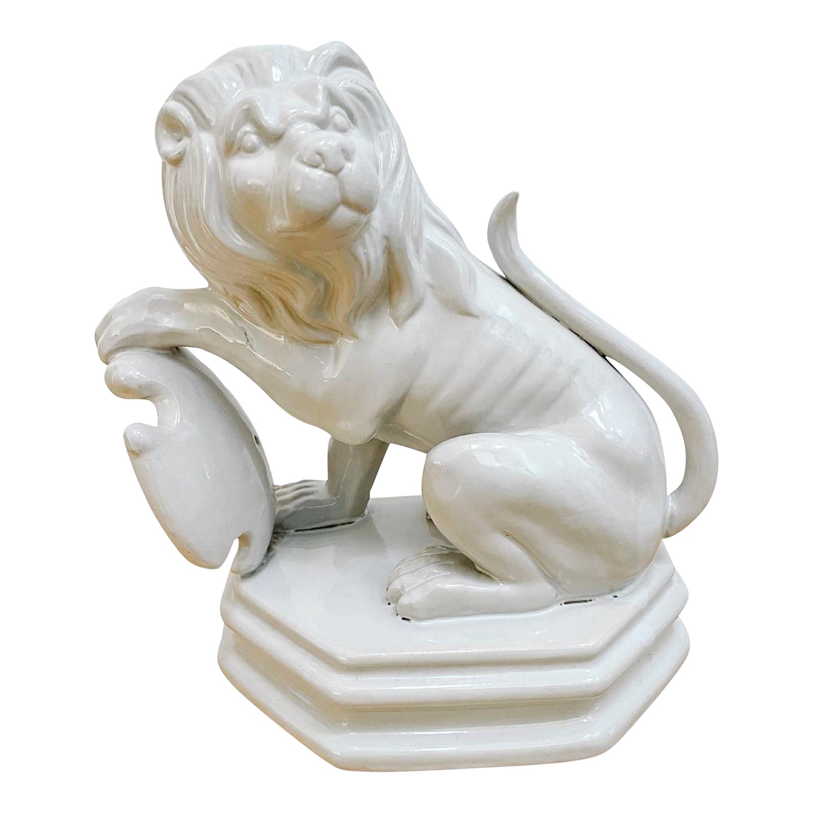 White Glazed Ceramic Lion Holding a Shield of Arms | Chairish