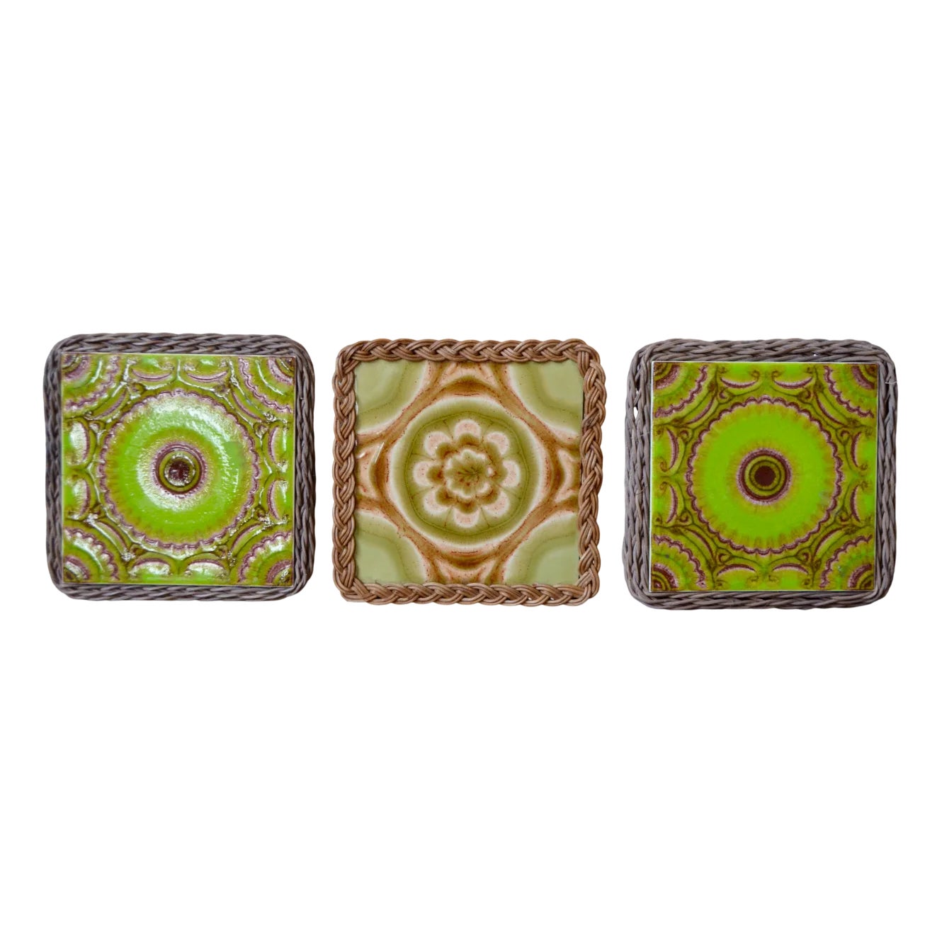 Vintage Ceramic and Wicker Trivets, Set of 3 | Chairish