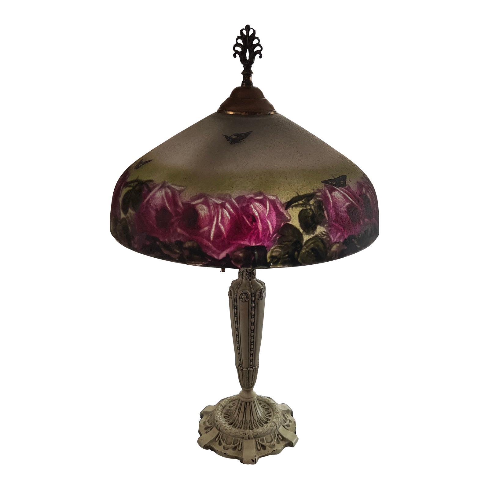 Antique Reverse Painted Lamp Featuring Cabbage Roses, Fully Restored ...