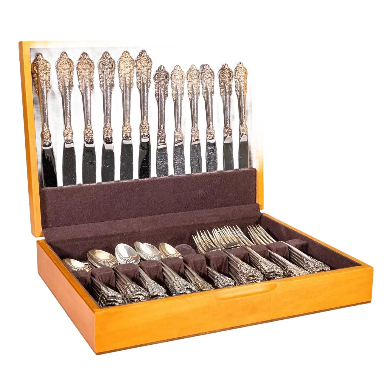 Wallace Grand Baroque Sterling Silver Flatware Set with Wooden Case ...