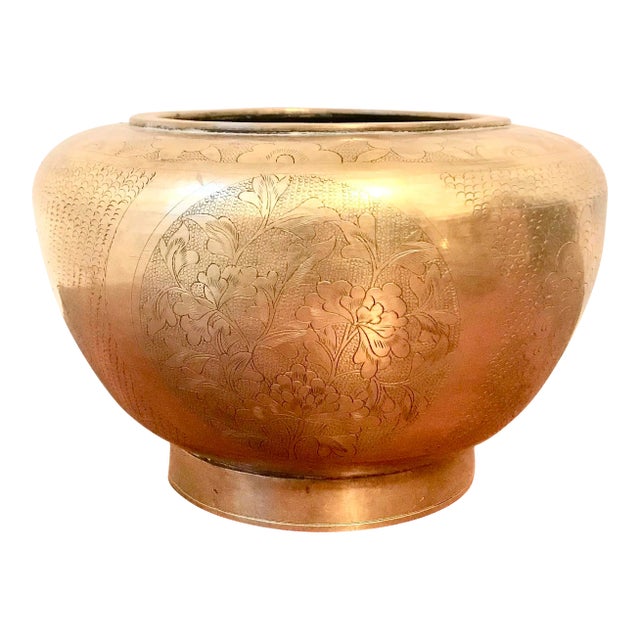 Decorative Vintage Asian Brass Cachepot or Planter With Floral Etchings ...
