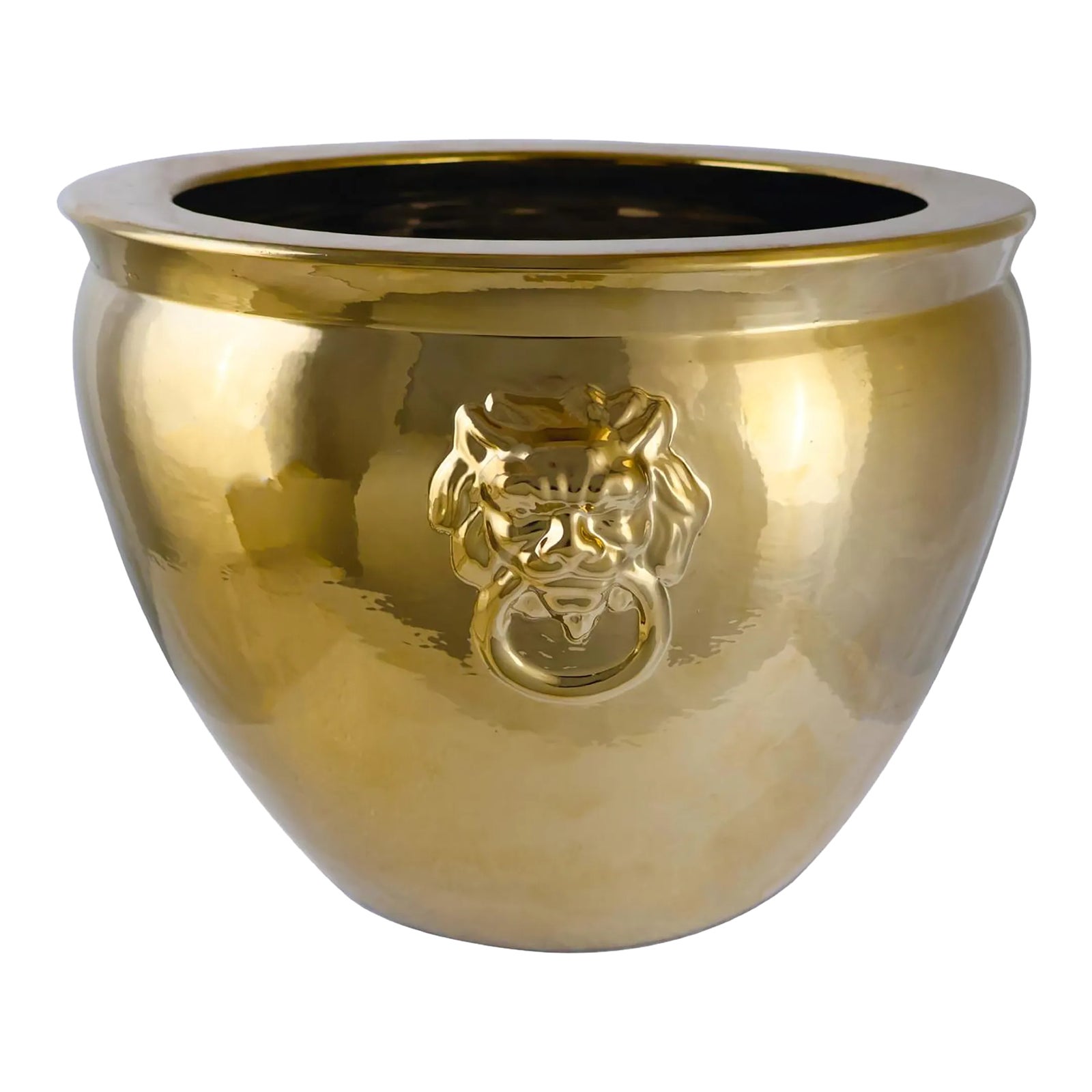 Large Shiny Gold-Tone Asian Porcelain Planter With Lion Handles | Chairish