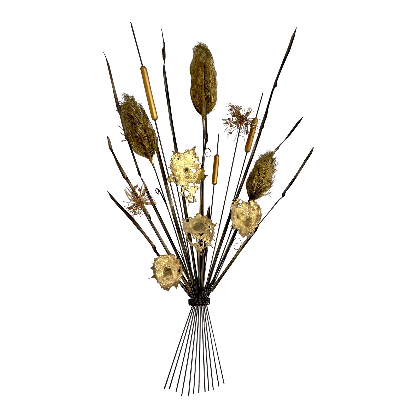 1970's Metal and Torch Cut Brass Wildflower Cat Tails Jere-Style ...