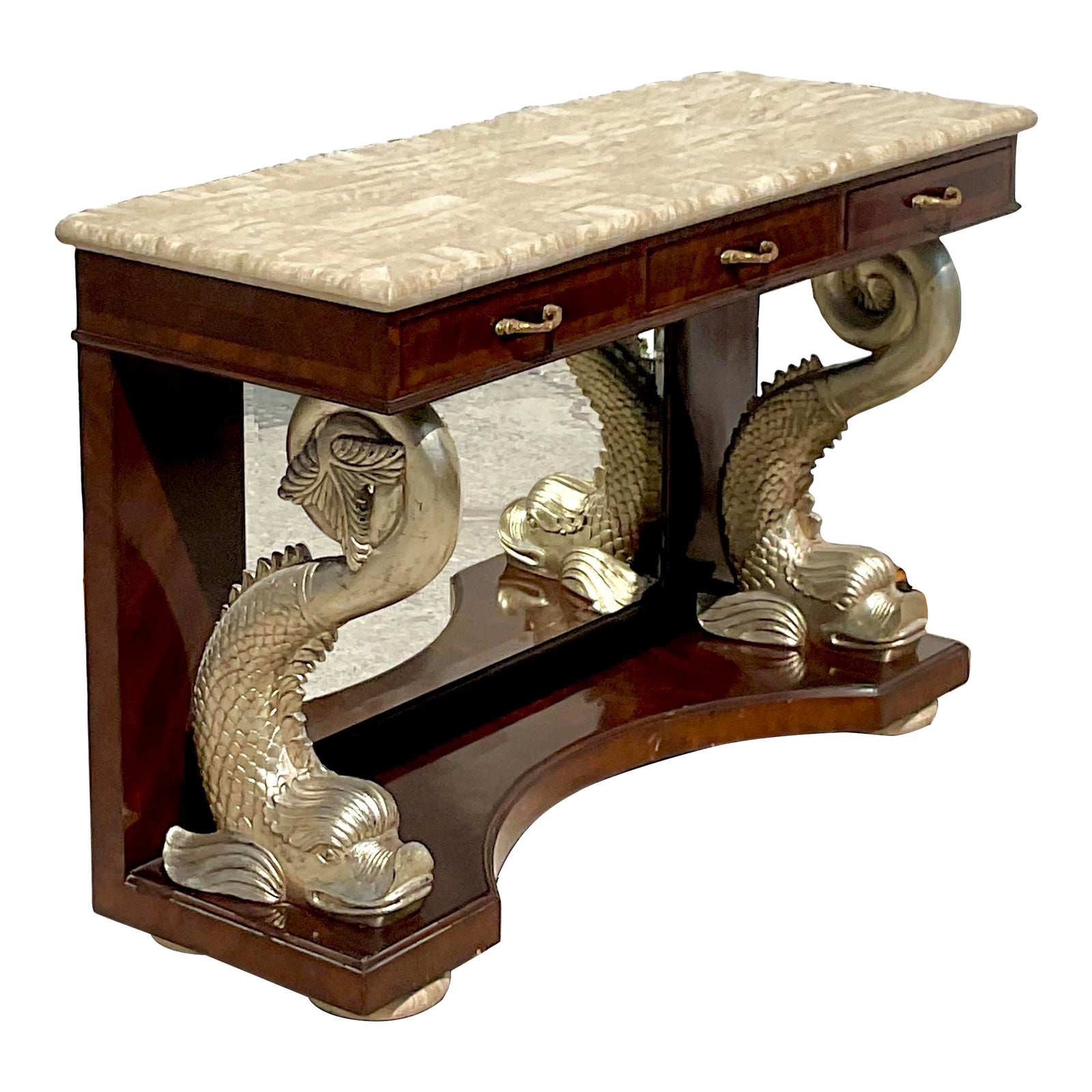 Vintage Regency Maitland Smith Silver Leaf Koi Console Table | Chairish