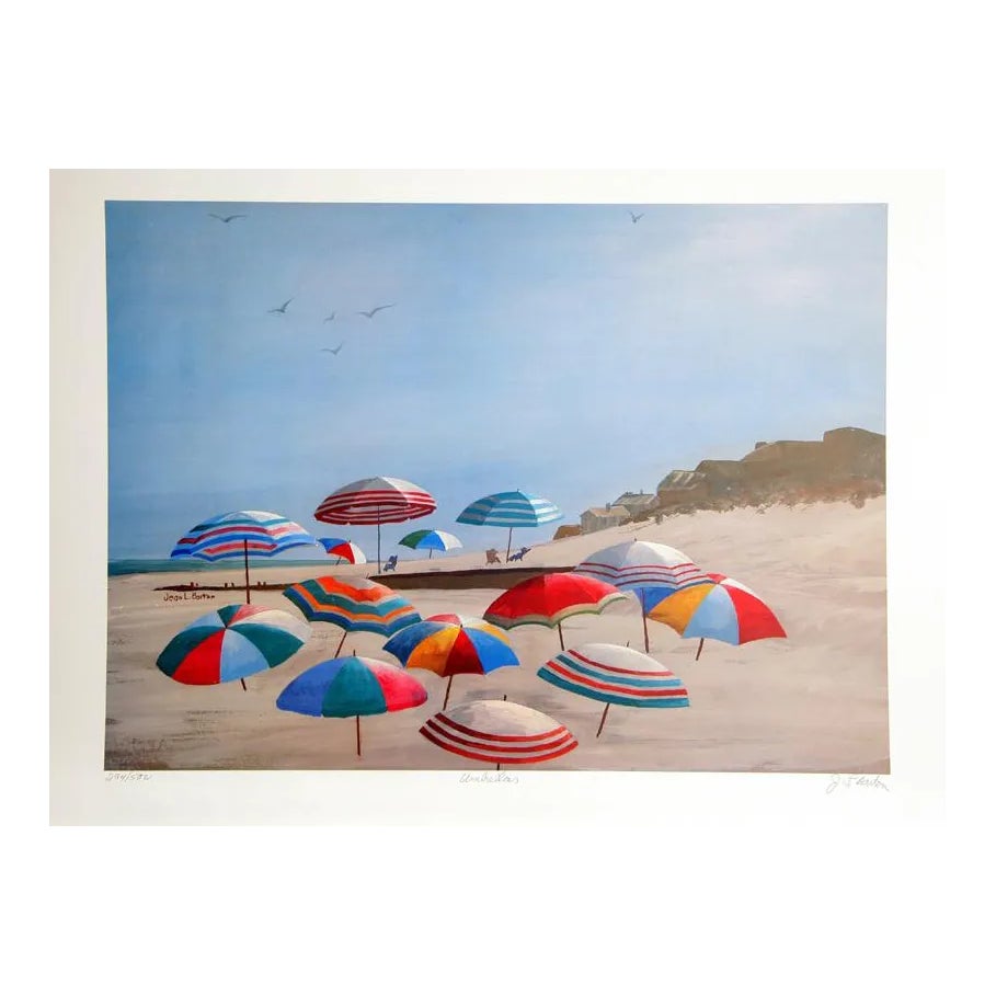 "Umbrellas" Signed Beach Lithograph by Jean L. Barton | Chairish