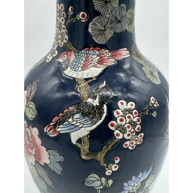 Vintage Chinese China Blue Enamel Birds & Flowers Vase | Chairish
