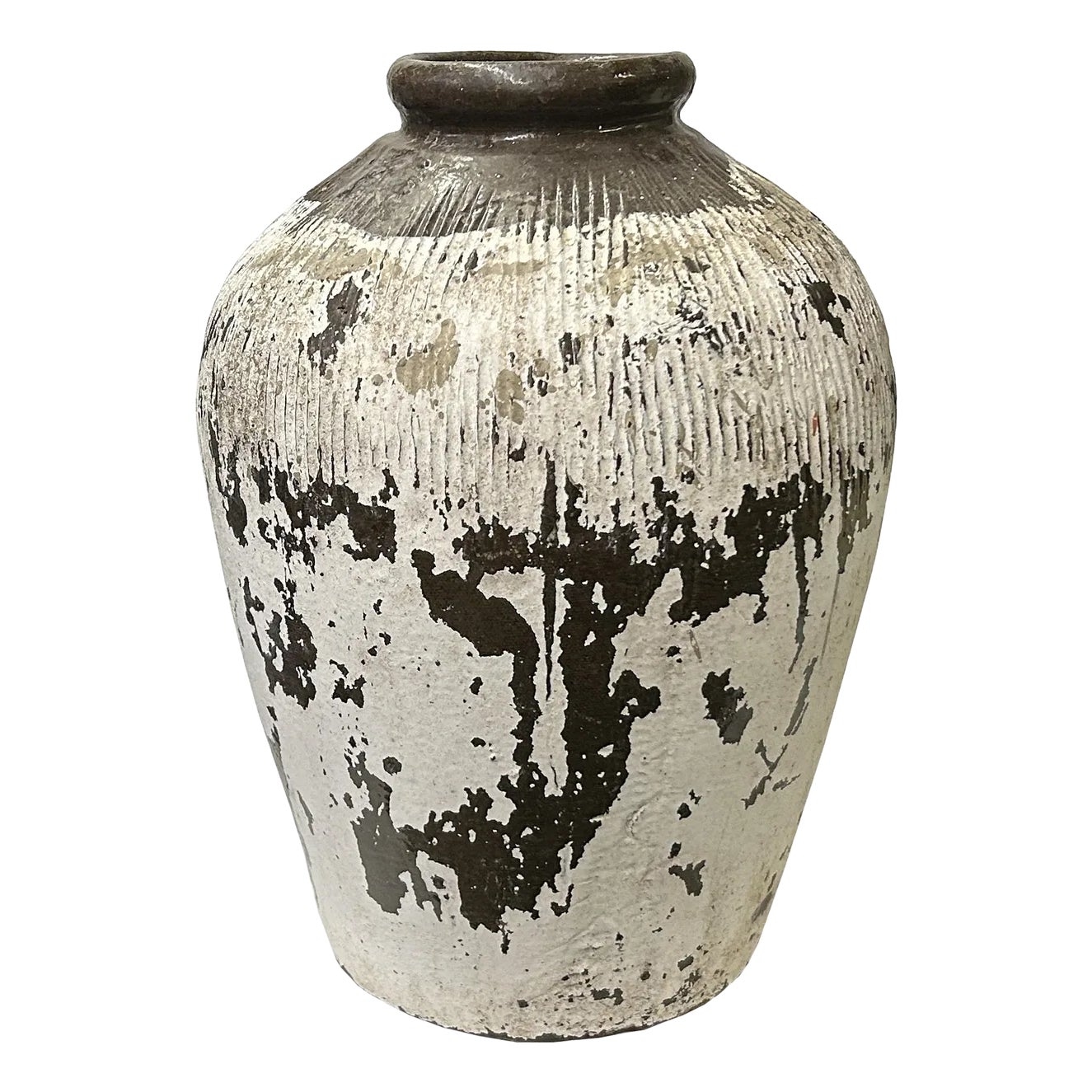 Vintage Distressed White Paint Rough Pottery Ceramic Vase Jar | Chairish