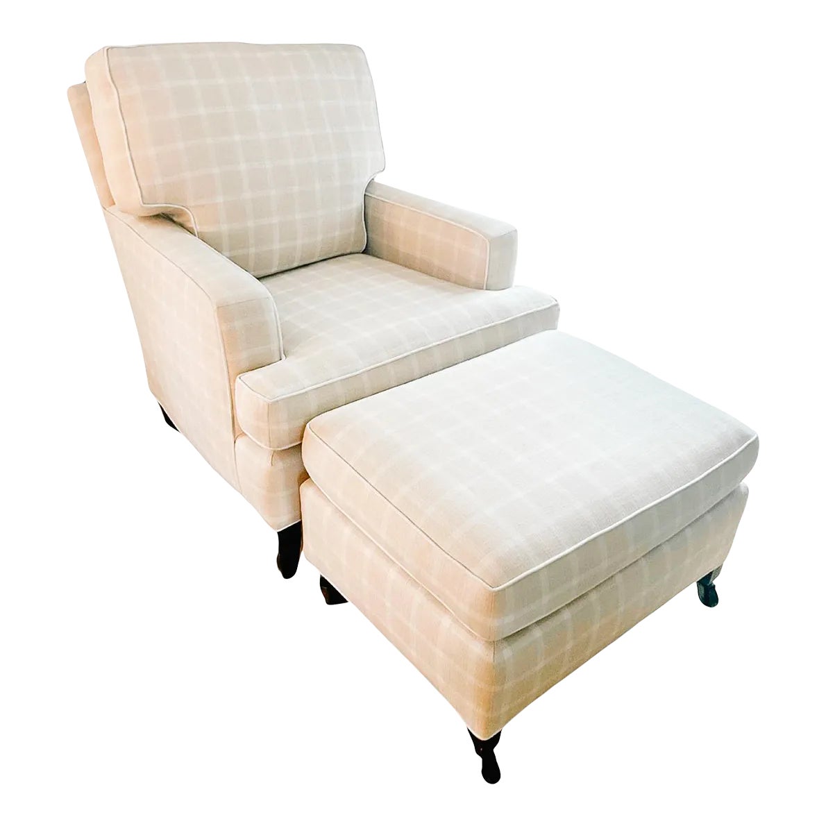 Late 20th Century White & Cream Plaid Club Chair With Ottoman on ...