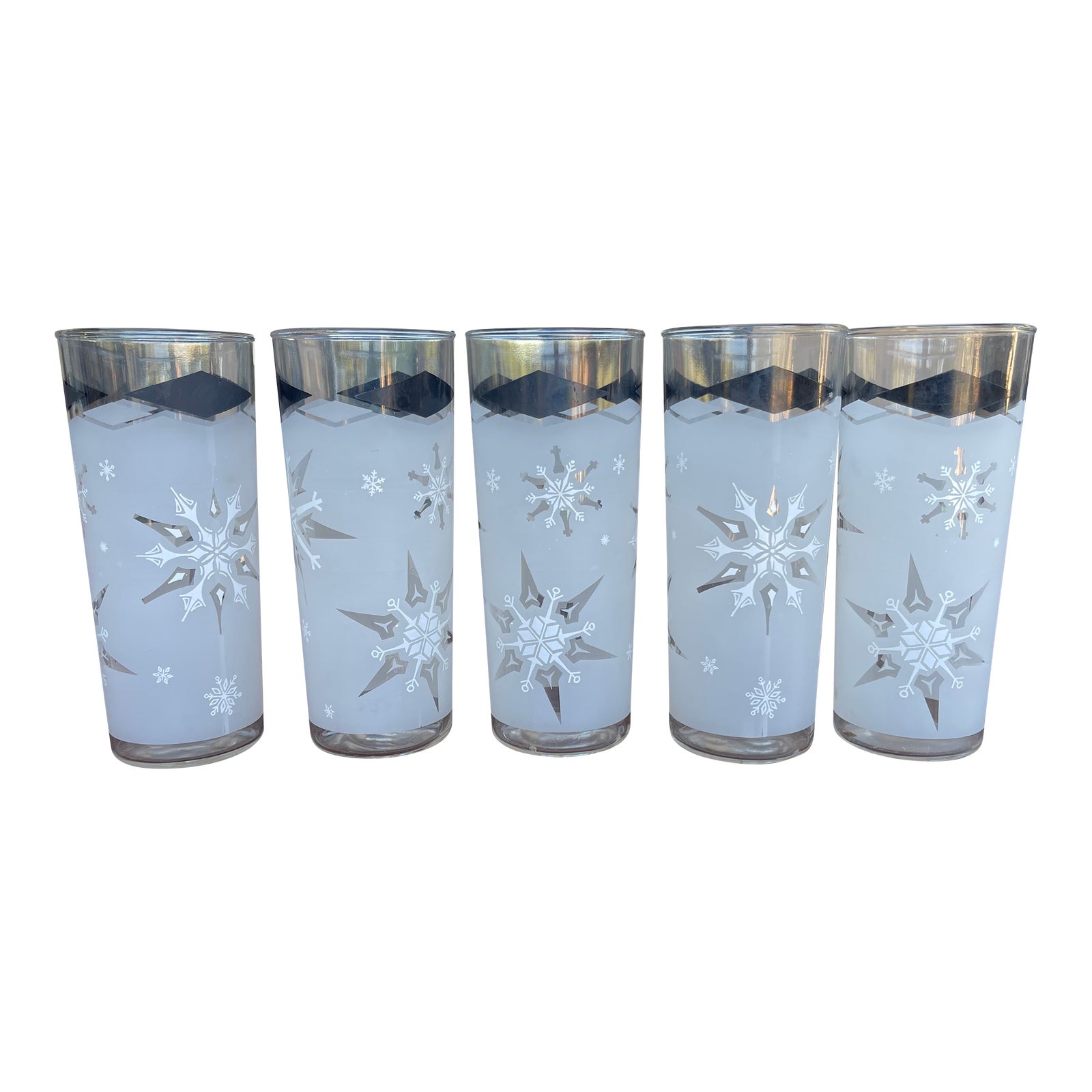 1960s Atomic Libbey Tom Collins Snowflake Black/White Diamond Frosted Glasses - Set of 5 | Chairish