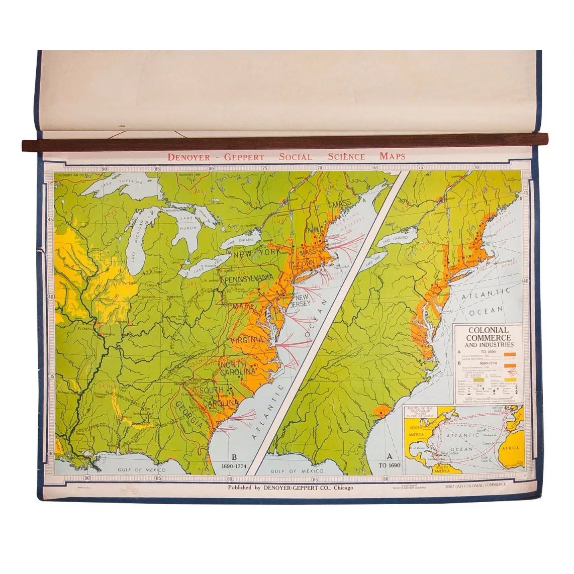 Vintage Colonial Commerce & Industries Map | Chairish