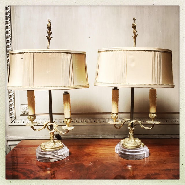 French Bronze Candlestick Lamp Bases with Acrylic Bases - a Pair | Chairish