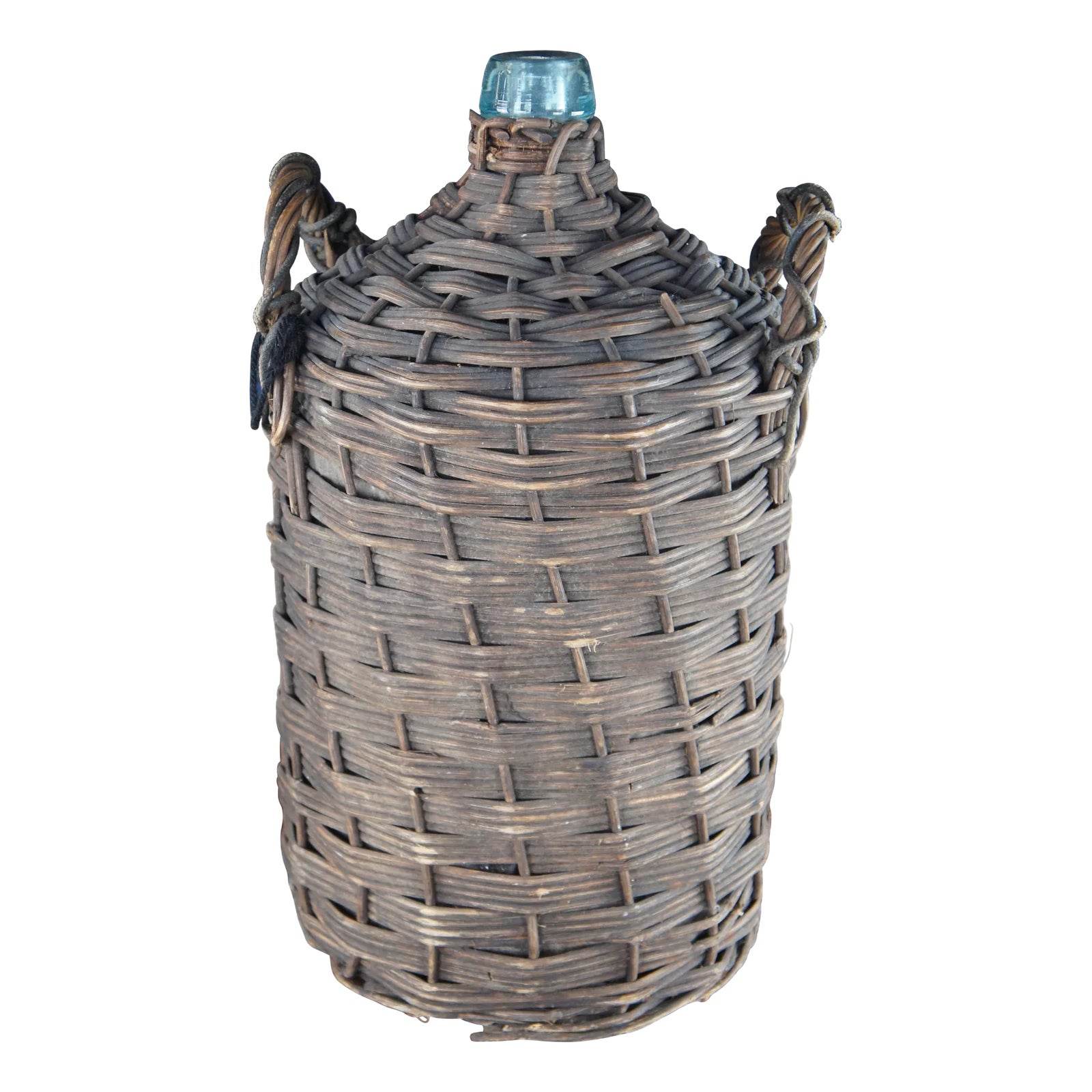 Antique French Wicker Wrapped Green Glass Demijohn Wine Bottle Jug ...