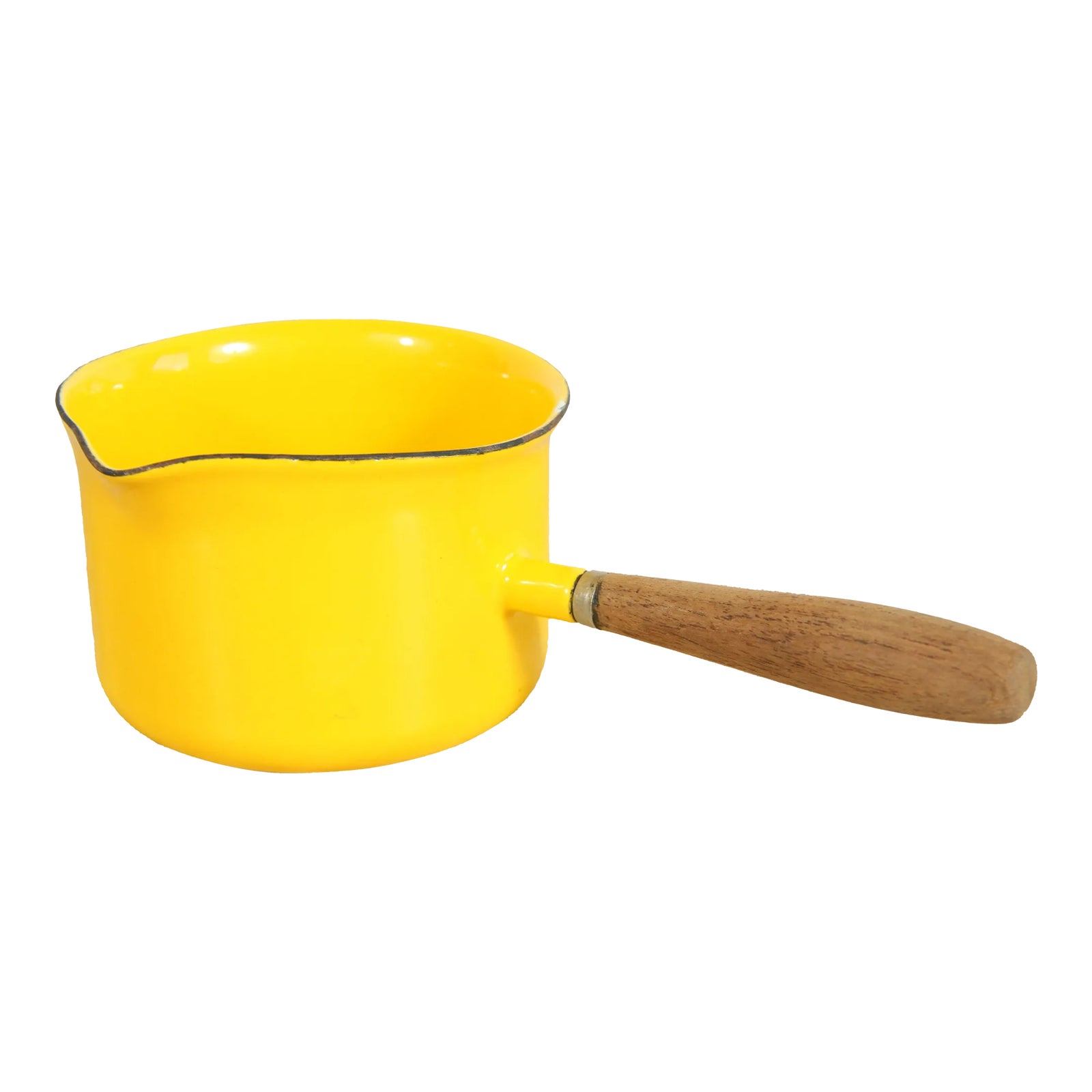 Mid Century Modern Yellow Enamel & Walnut Sauce Pan | Chairish