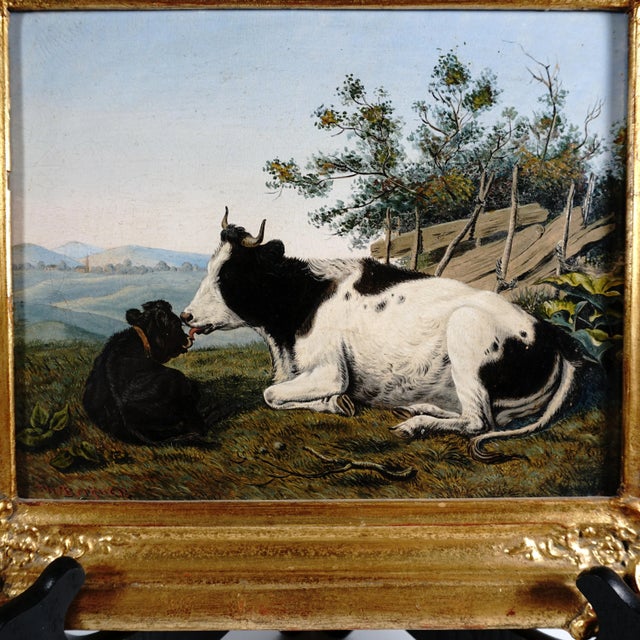Victorian Oil Painting of a Cow & Calf, Dated 1854, Pastoral Farm Scene ...