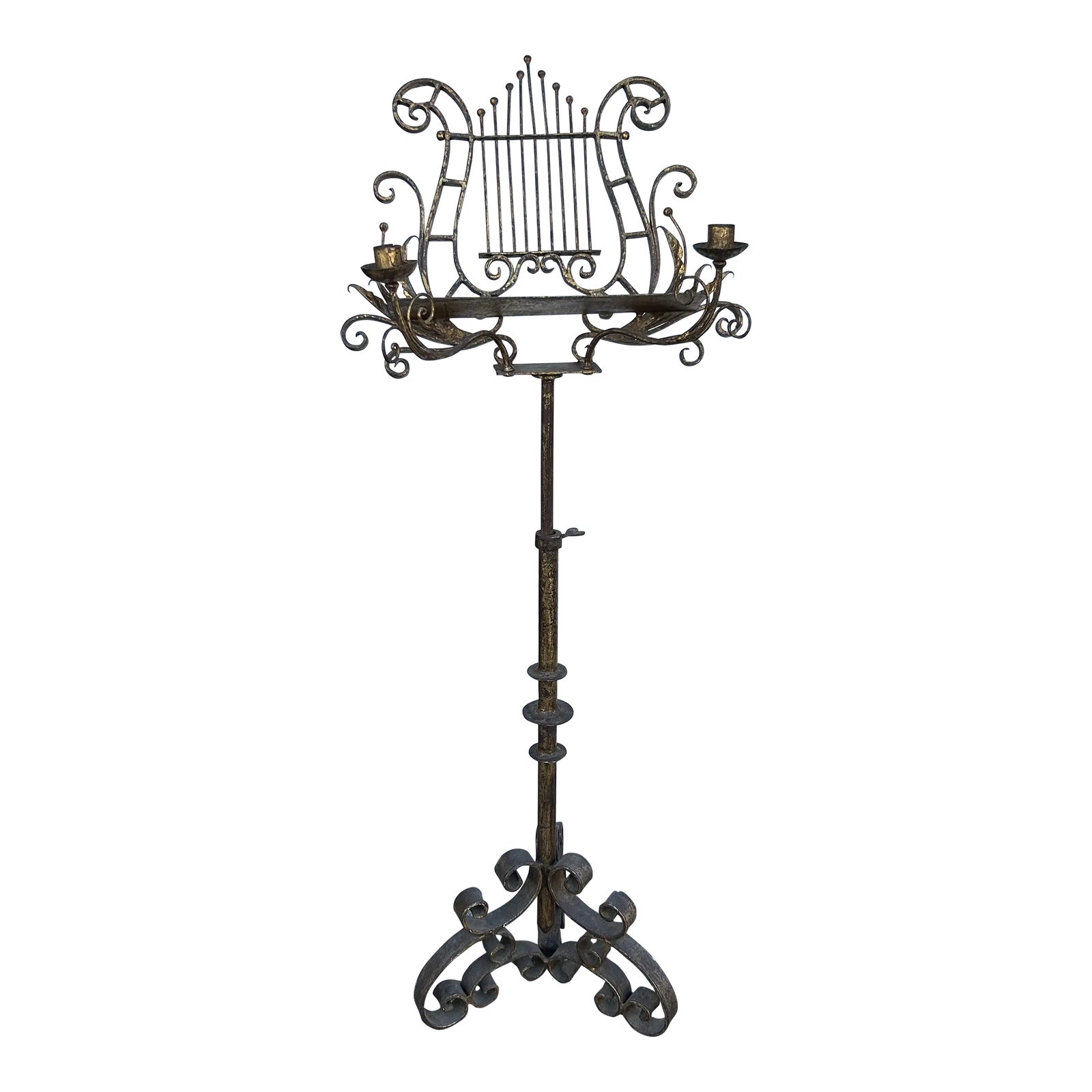 Vintage Gilt Baroque Metal Music Stand with Candelabras | Chairish