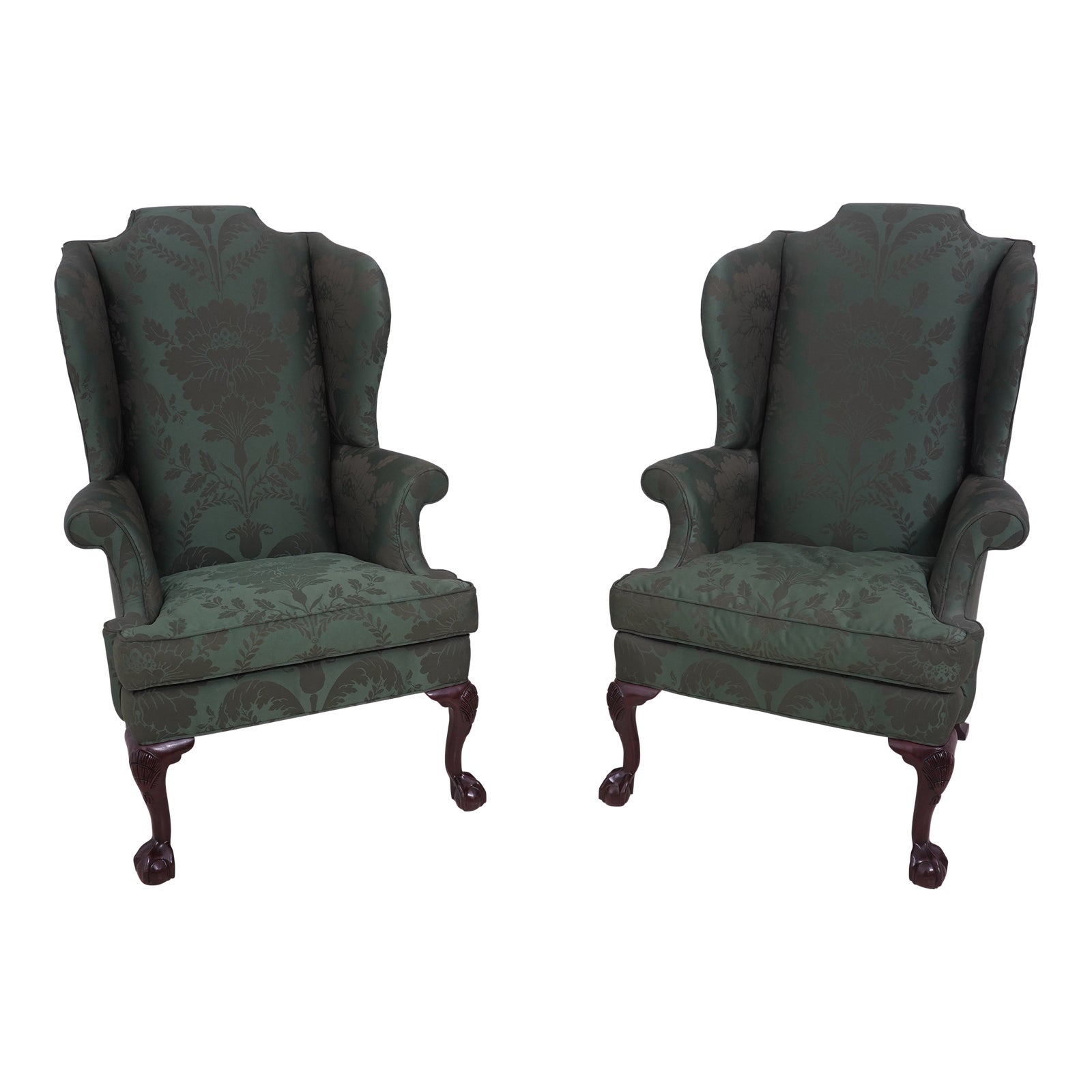 Pair Century Ball & Claw Green Damask Wing Chairs | Chairish