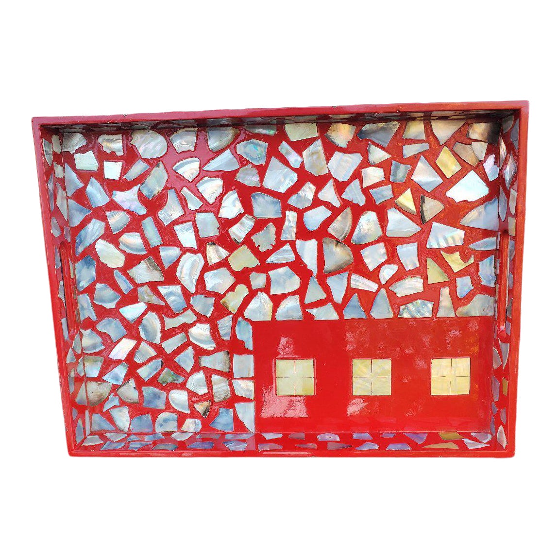 Contemporary Red Lacquer Tray With Mother of Pearl Inserts | Chairish