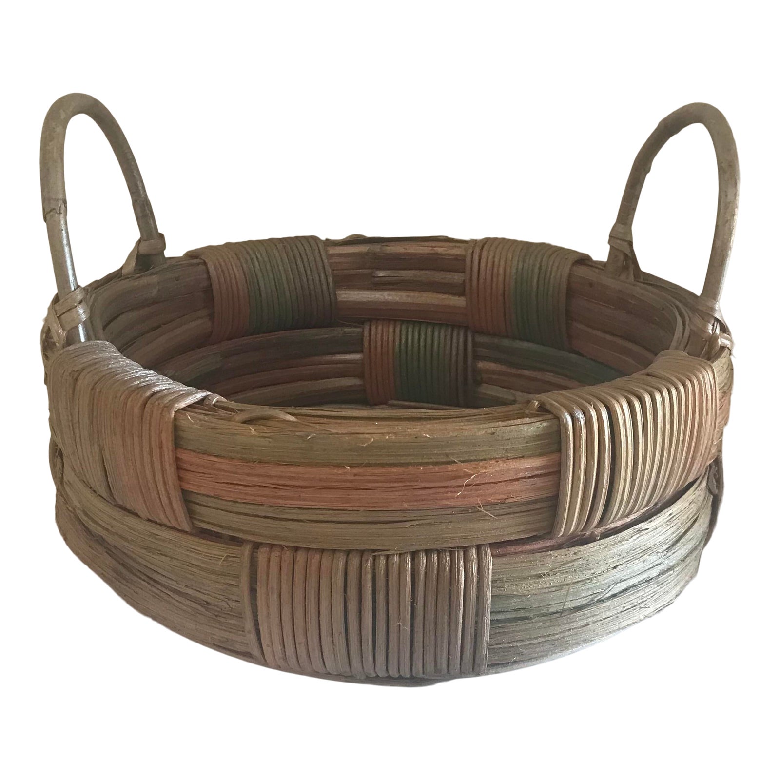 Vintage Three Color Sturdy Round Basket With Handles | Chairish