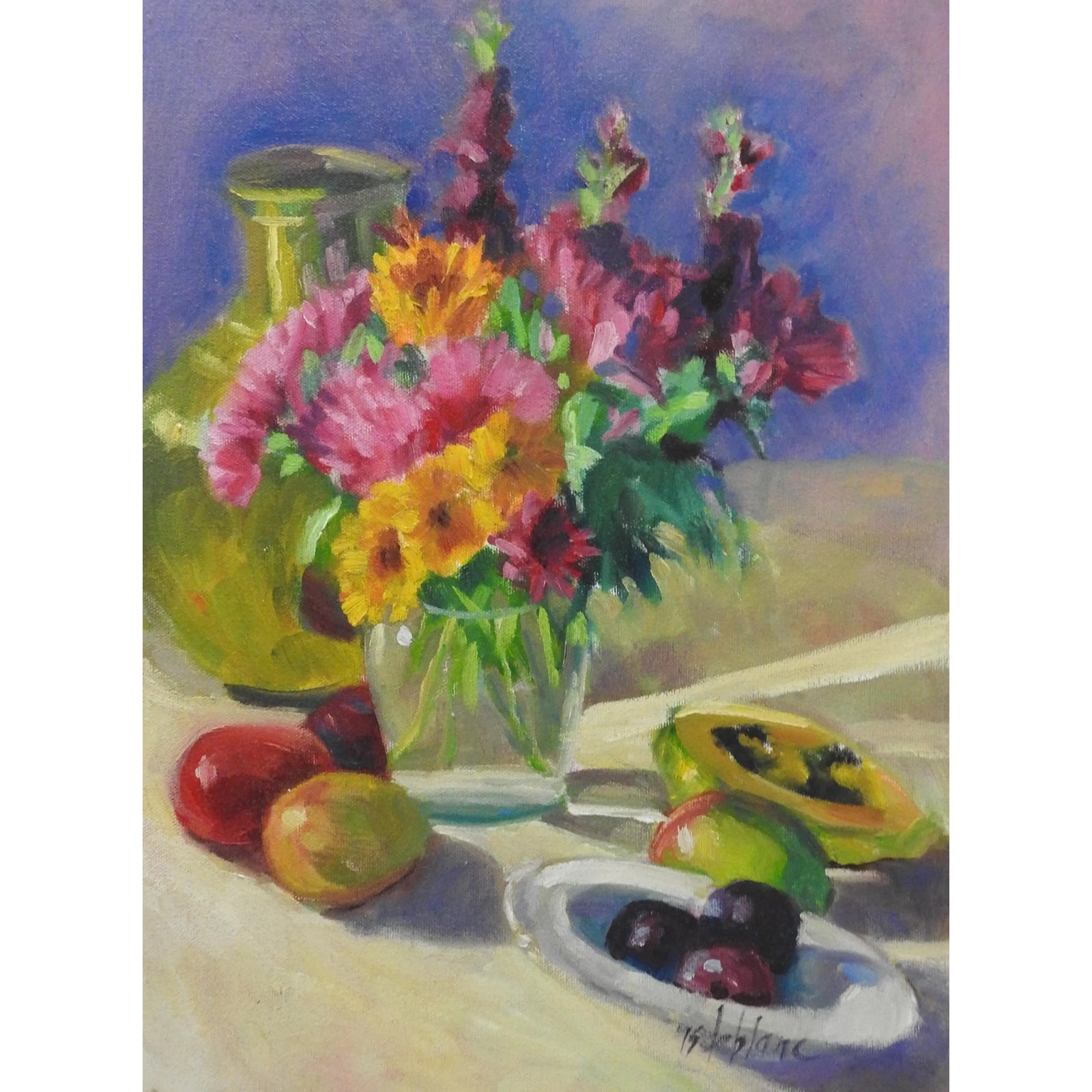 Vintage Daisies and Fruit Still Life Impressionist Painting | Chairish
