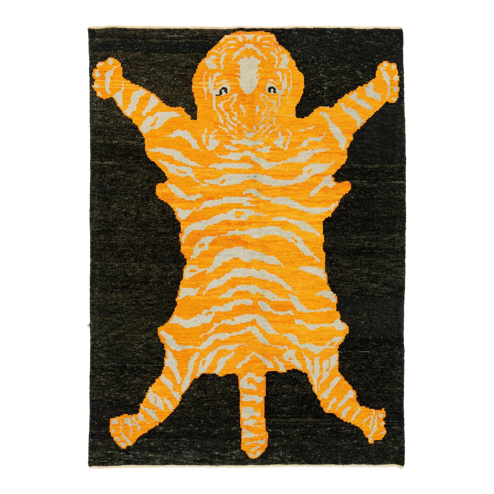 Black and Orange Handmade Wool Rug With a Tiger Design | Chairish