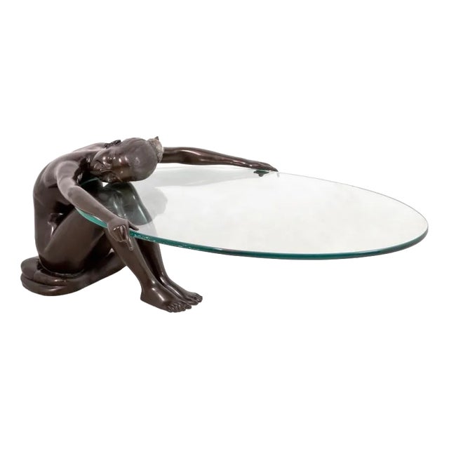 Modern Patinated Glass Top Bronze Figural Table | Chairish