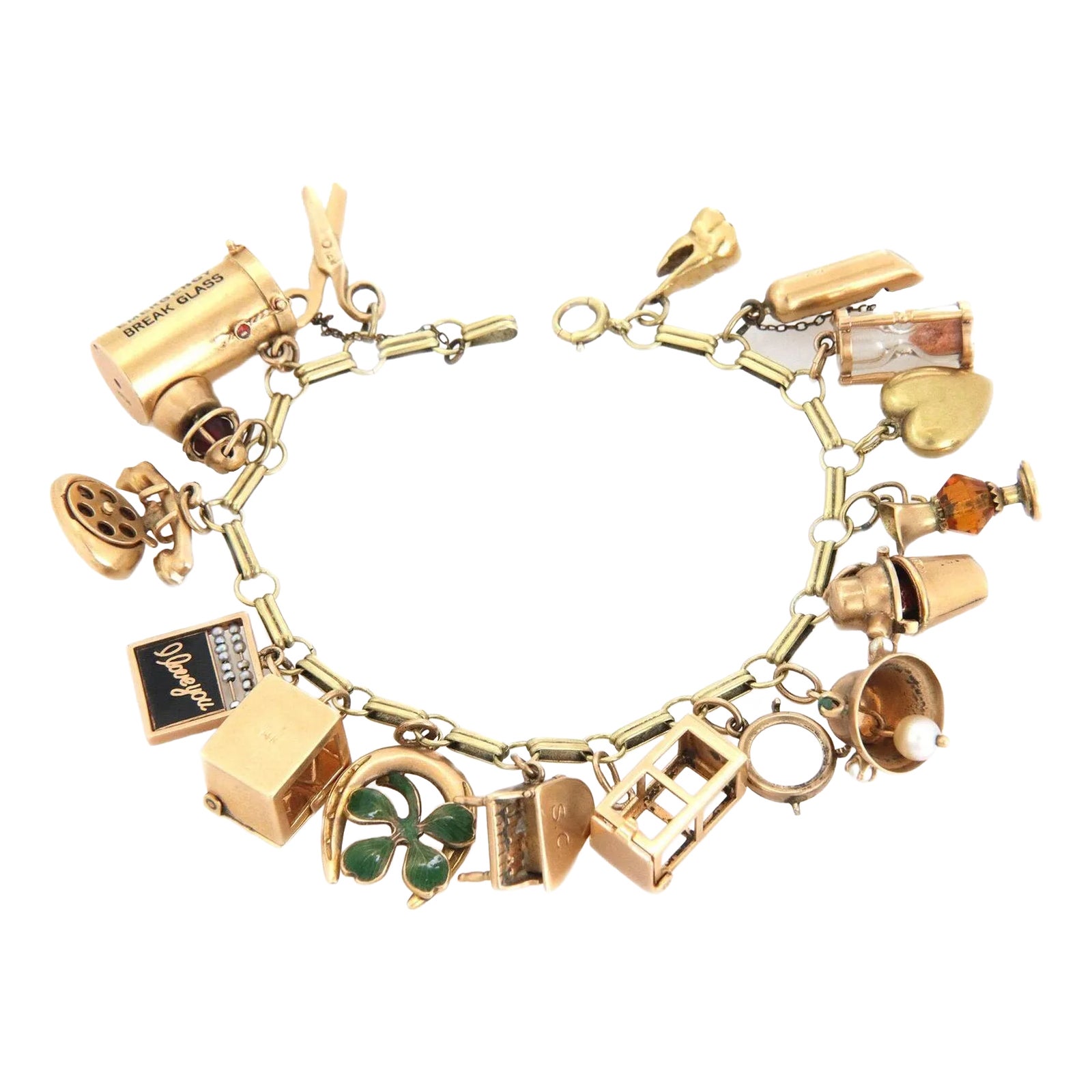 14k Charm Bracelet 17 Assorted Collectible Charms Estate | Chairish