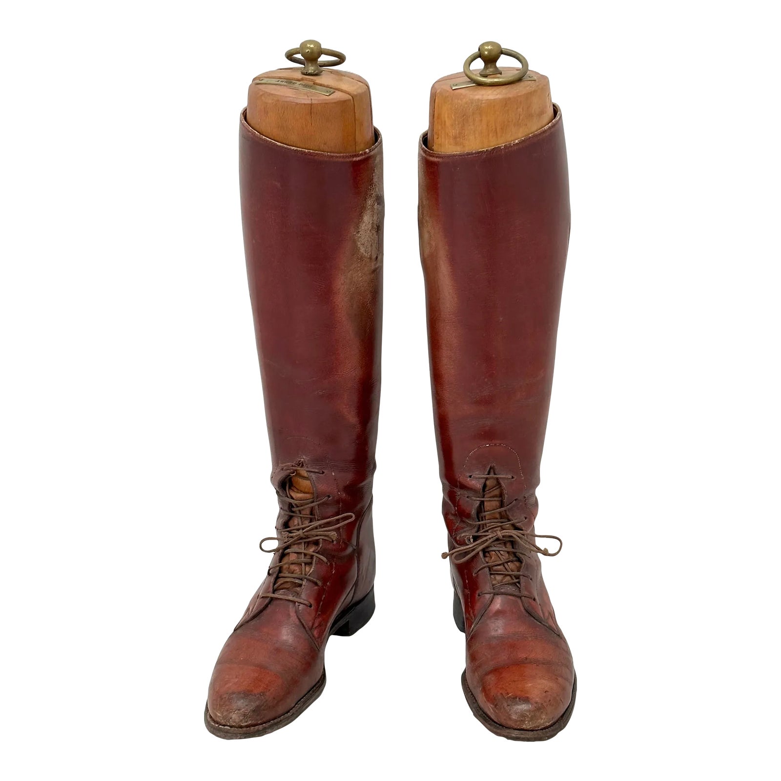 Vintage Classic Leather Equestrian Riding Boots With Wood & Brass Trees ...