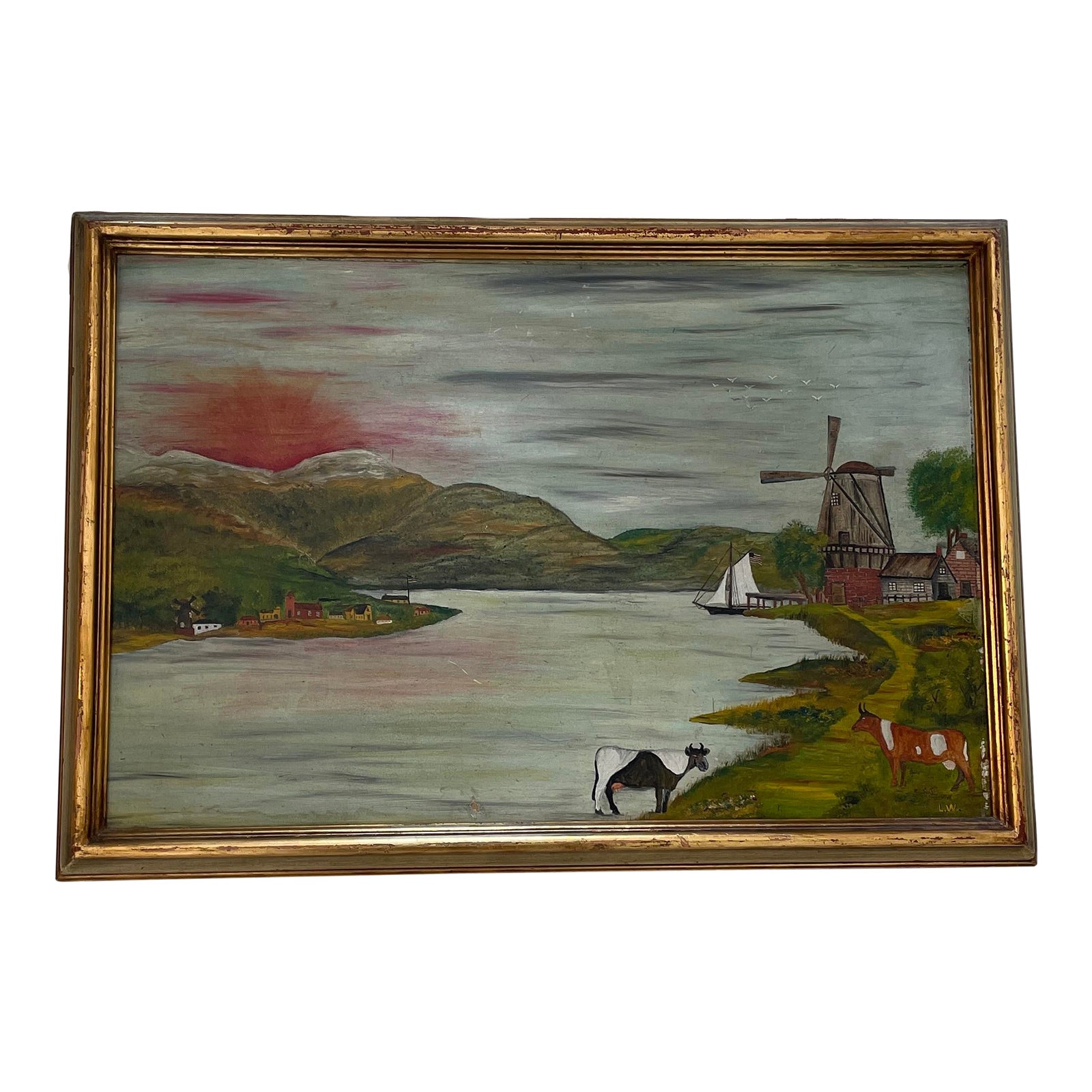 Vintage Framed Dutch Folk Art Countryside Painting | Chairish