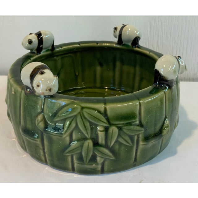 Vintage Asian Faux Bamboo Ceramic Planter With Pandas Around Top | Chairish