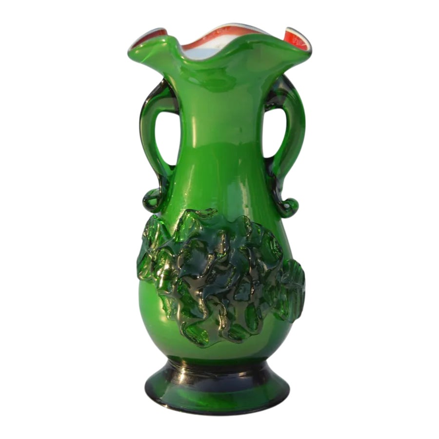 Mid-Century Handmade Green Glass Art Vase | Chairish
