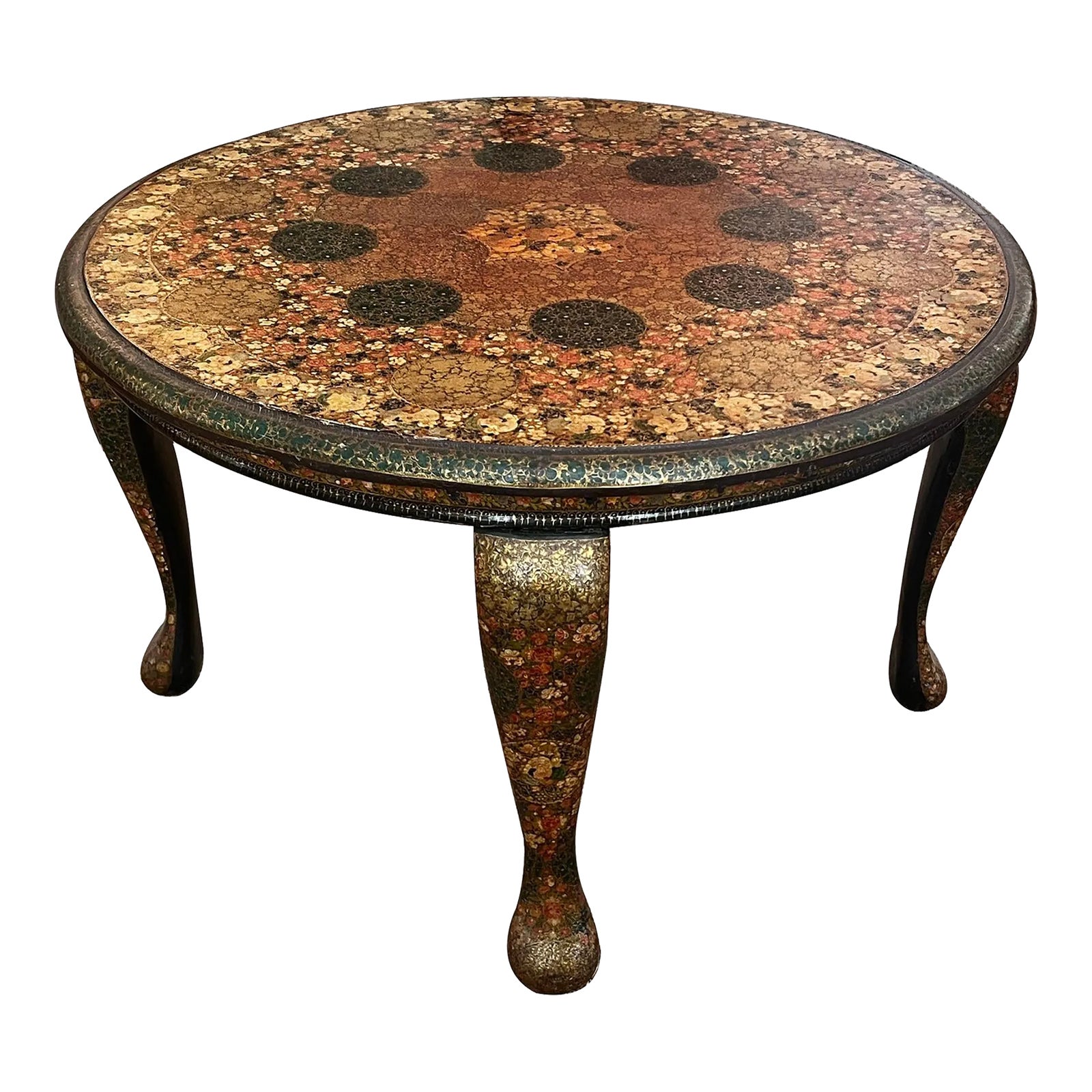 1900s Kashmir Lacquered Wood Circular Low/Coffee Table | Chairish