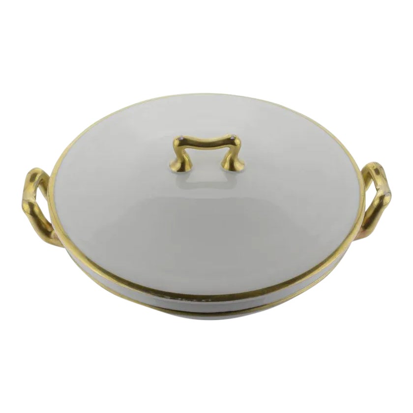 Porcelain Covered Serving Dish With Gilt Handles | Chairish