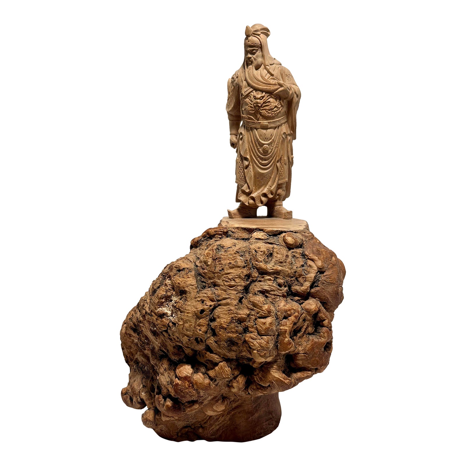 Vintage Chinese Guan Gong Yu Warrior God Wooden Statue With Burl Stand ...