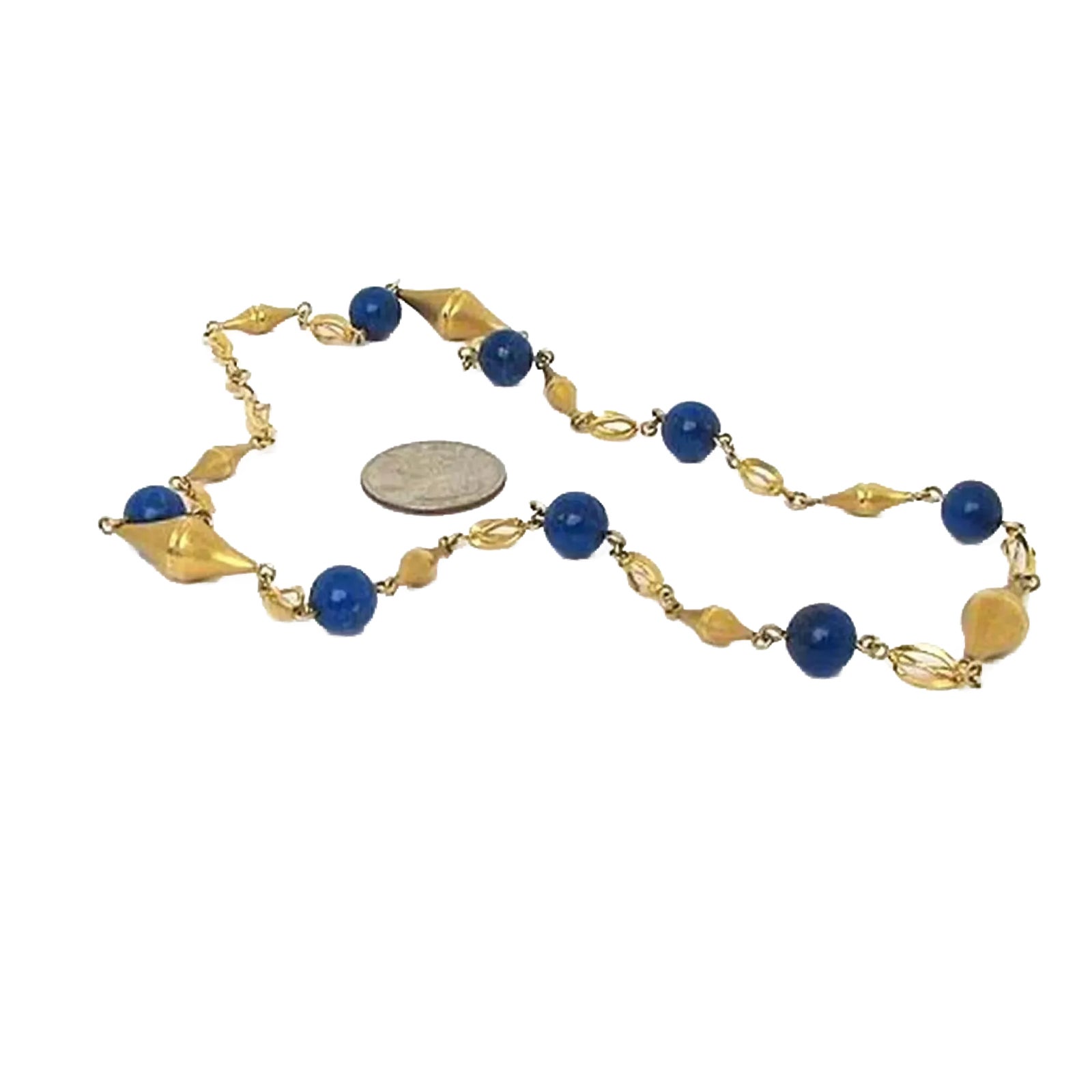 Lapis Bead Fancy Textured 14k Yellow Gold Link Necklace | Chairish