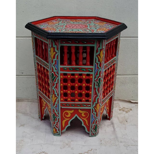 Moroccan Hexagonal Hand Painted Wooden Musharrabi Red Side Table | Chairish