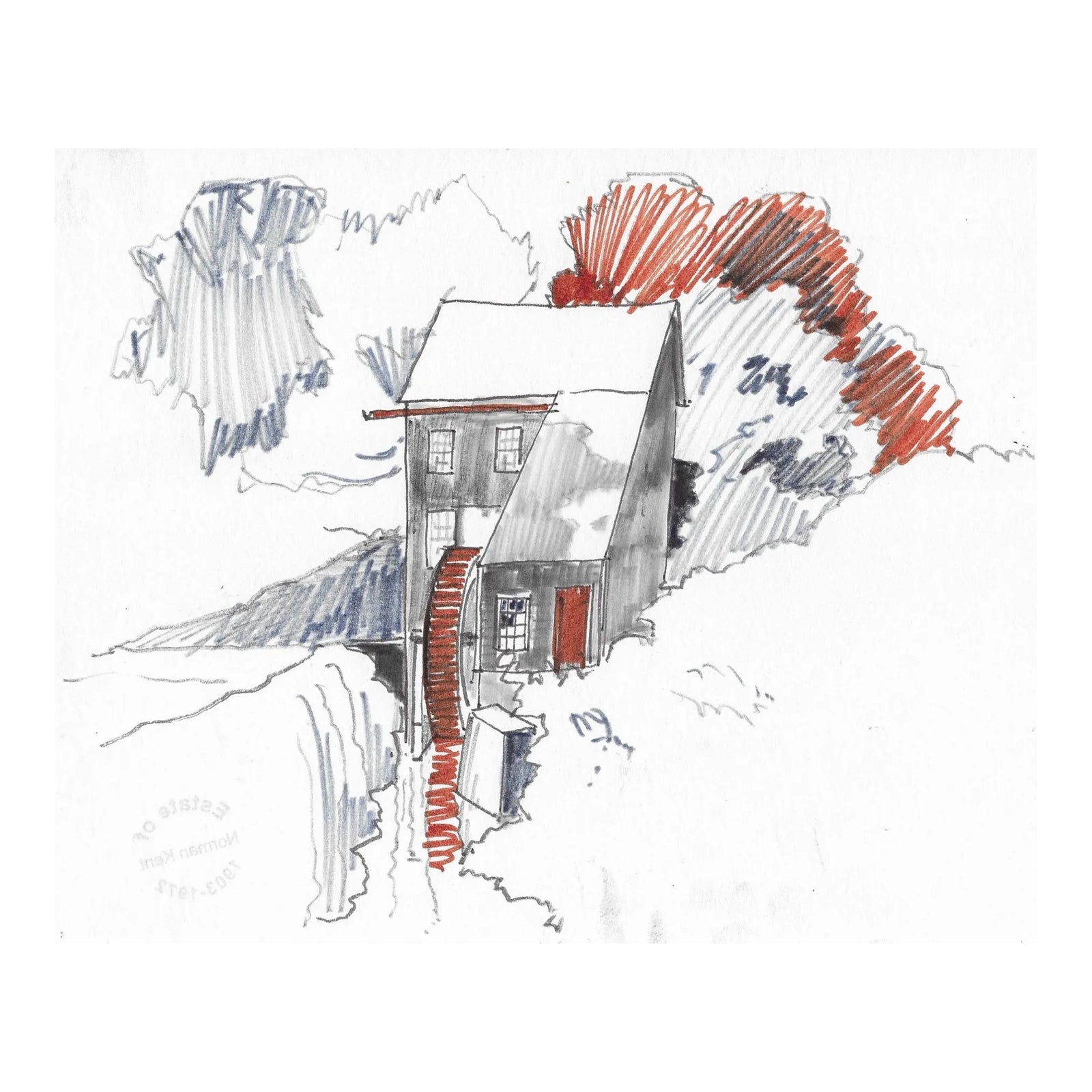 1950s Norman Kent Autumn Mill Scene Drawing | Chairish