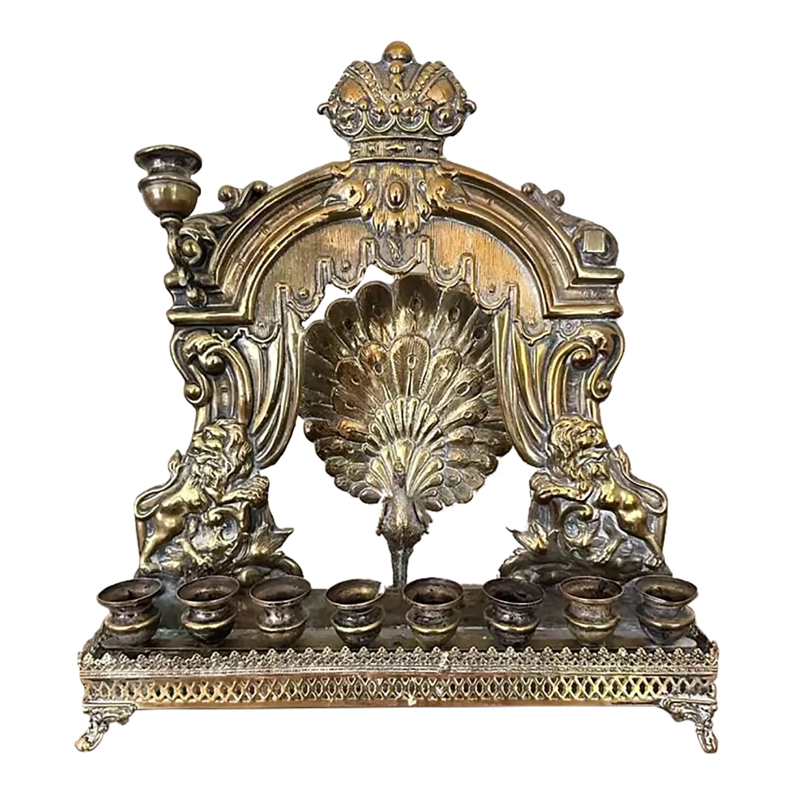 Antique Menorah Hanukkiah With Peackock & Rampart Lions | Chairish
