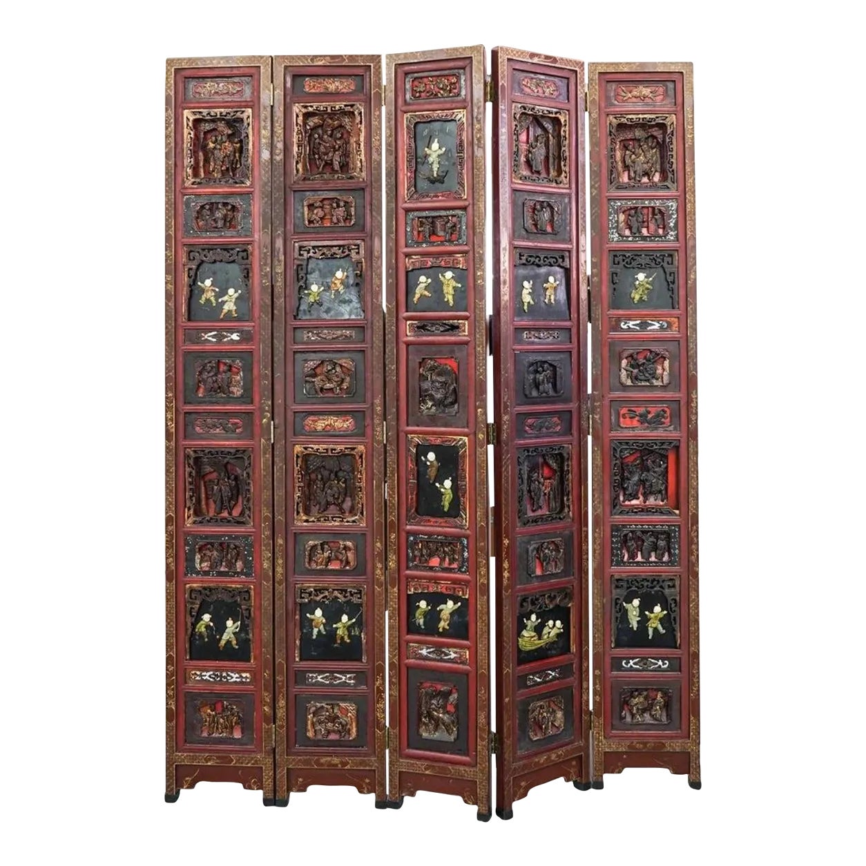 Chinese Lacquered Hardstone Panel Room Screen | Chairish
