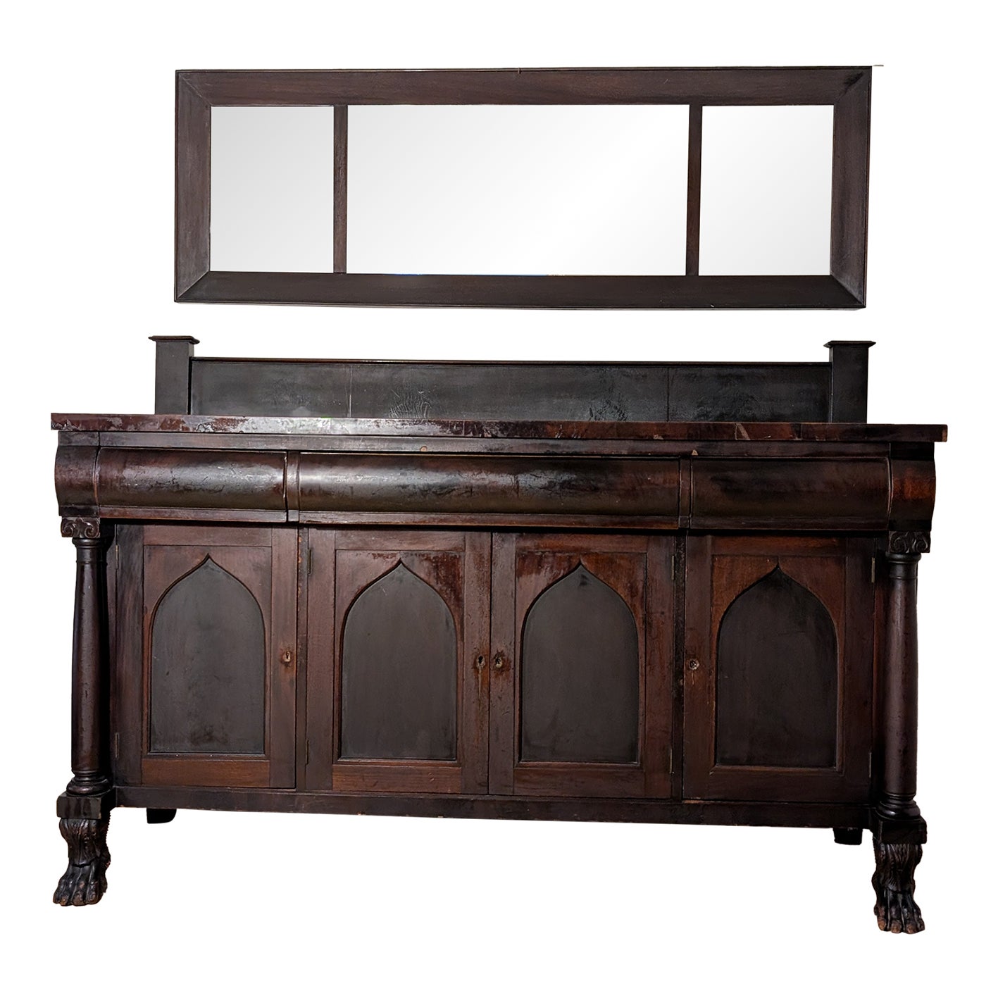1910s Antique Mahogany 3-Drawer/4 Door Buffet Server With Lion Paw Feet ...