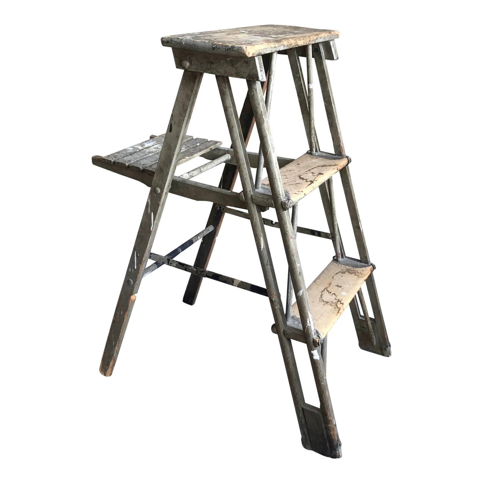 19th Century Distressed Green Paint Step Ladder | Chairish