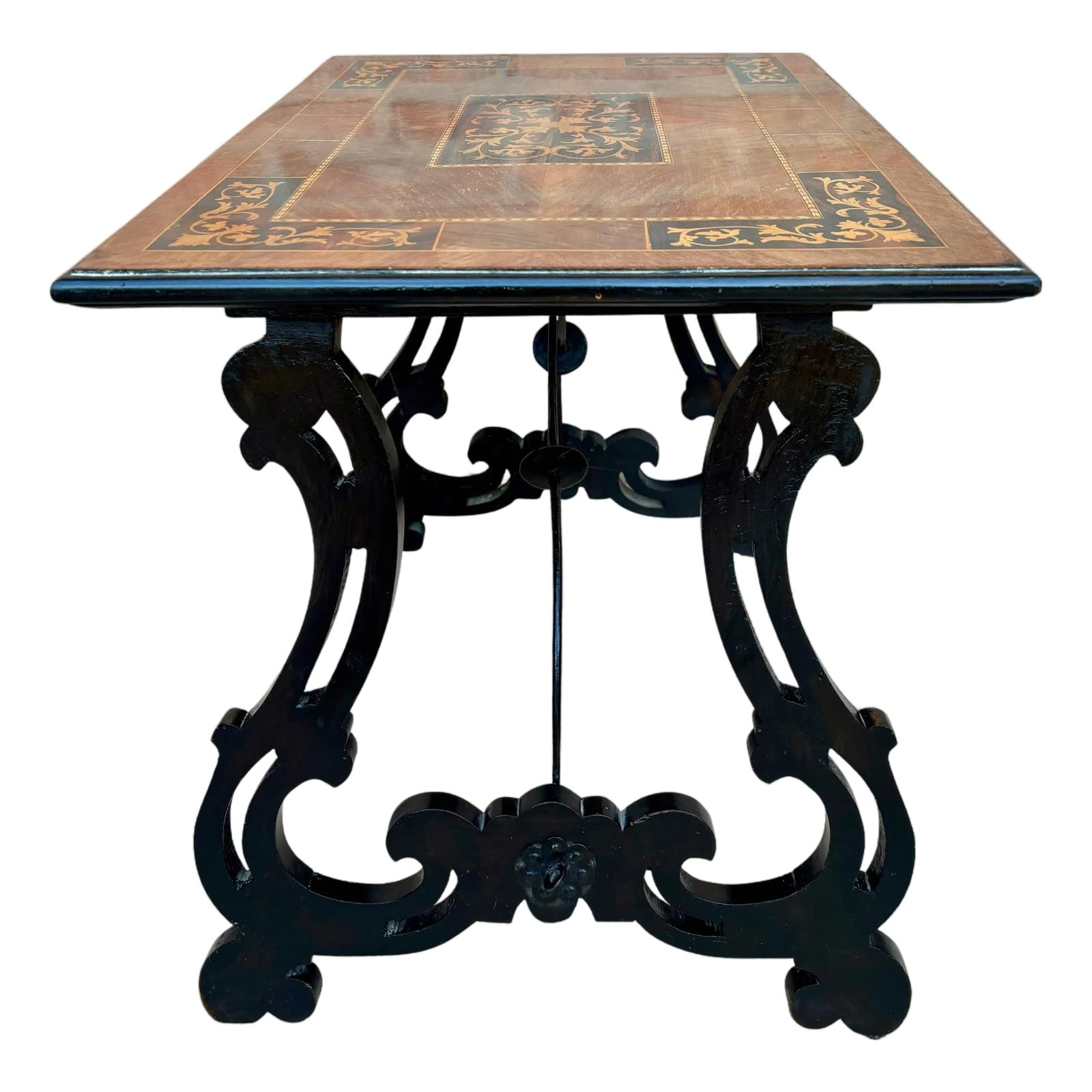 Spanish Baroque Side Table with Lyre Legs and Marquetry Top, 1850 ...