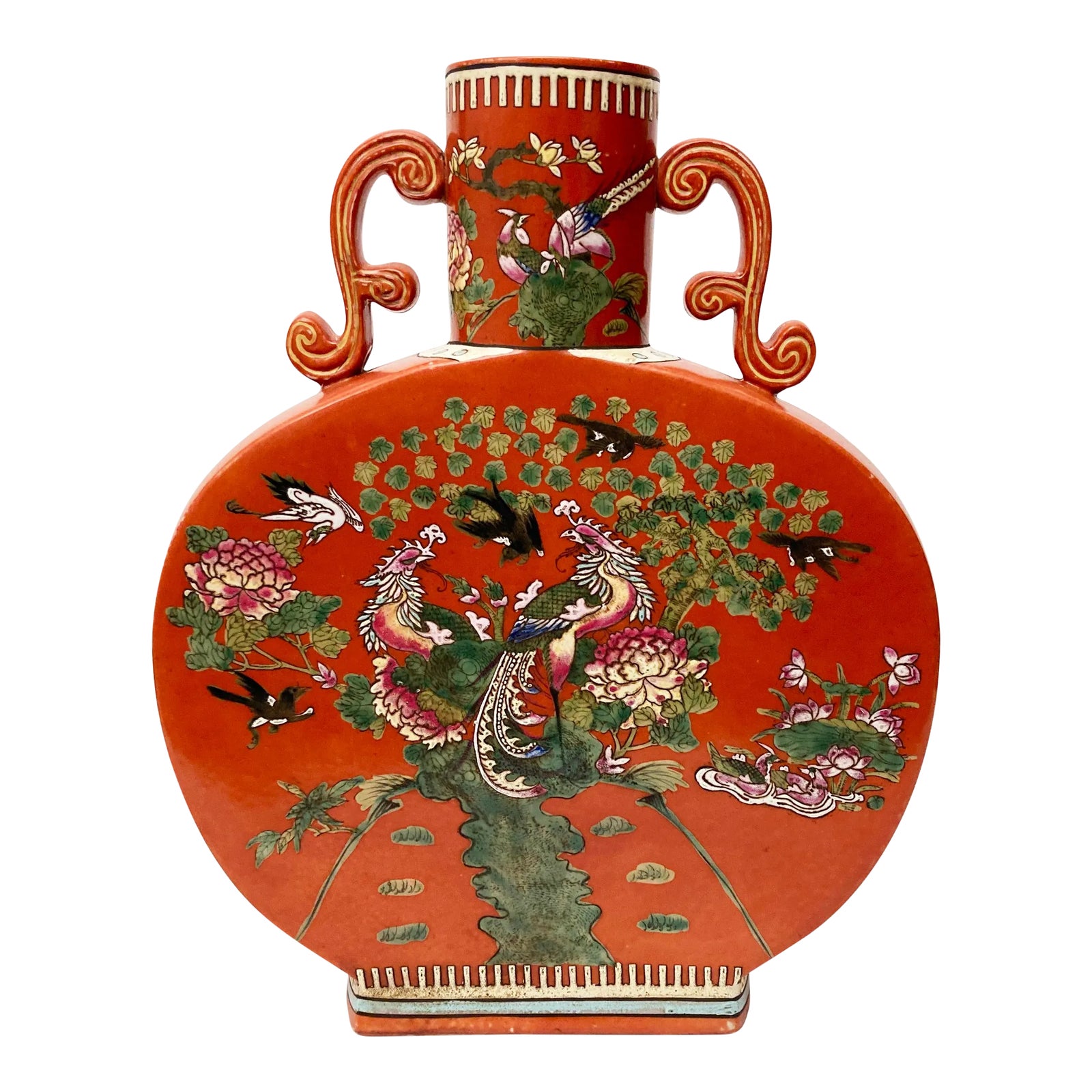 Antique Chinese Chinoiserie Porcelain Flat Urn With Two Handles in ...