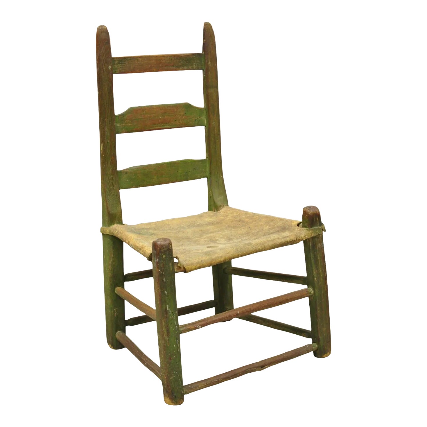 Antique Small Ladder Back Green Primitive Rustic Chair With Deer Hide ...
