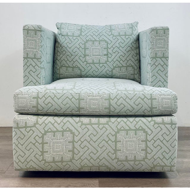 Modern Blue and Green Eastern Key Elevated Swivel Chairs Pair | Chairish