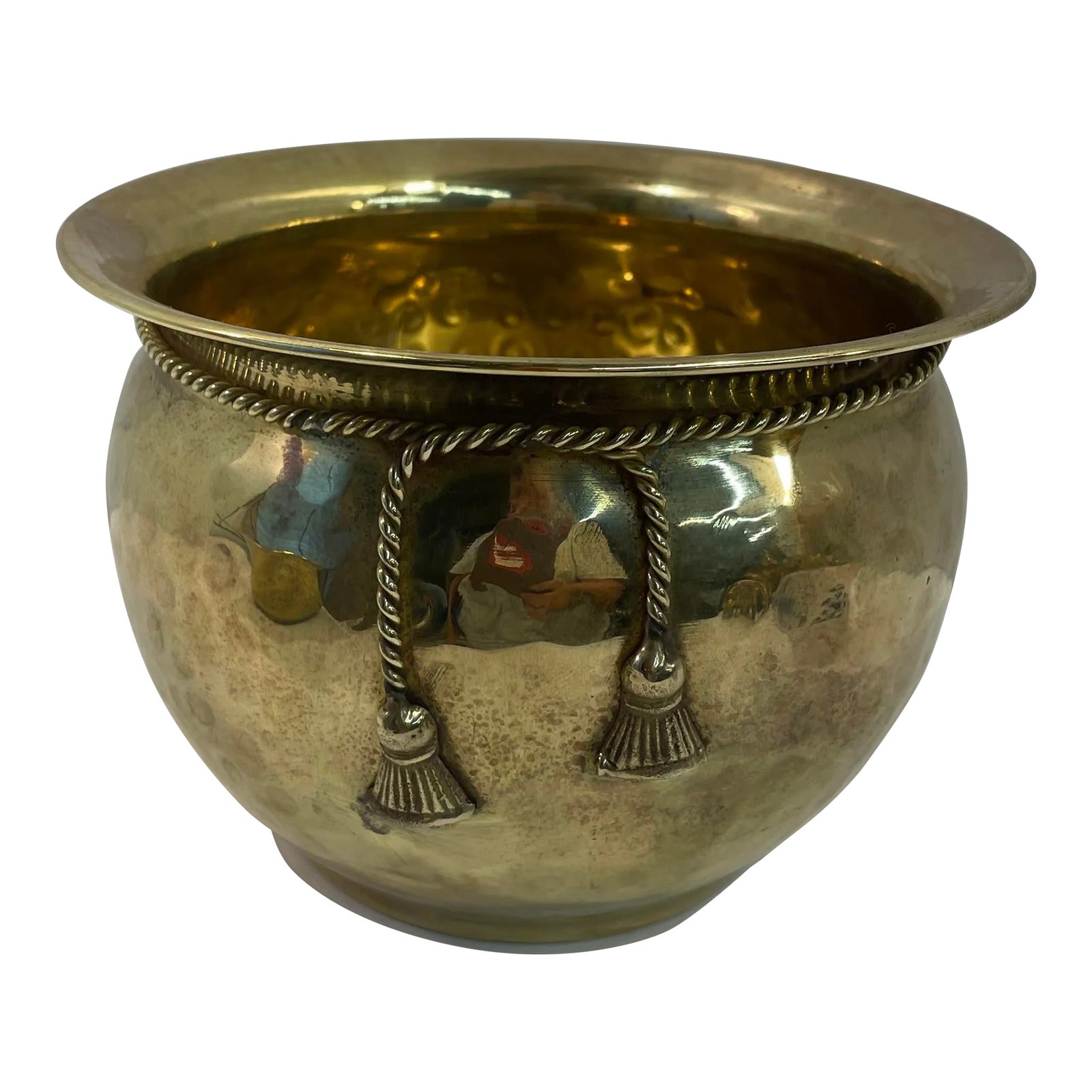 Vintage Hammered Brass Planter With Rope and Tassel Design | Chairish