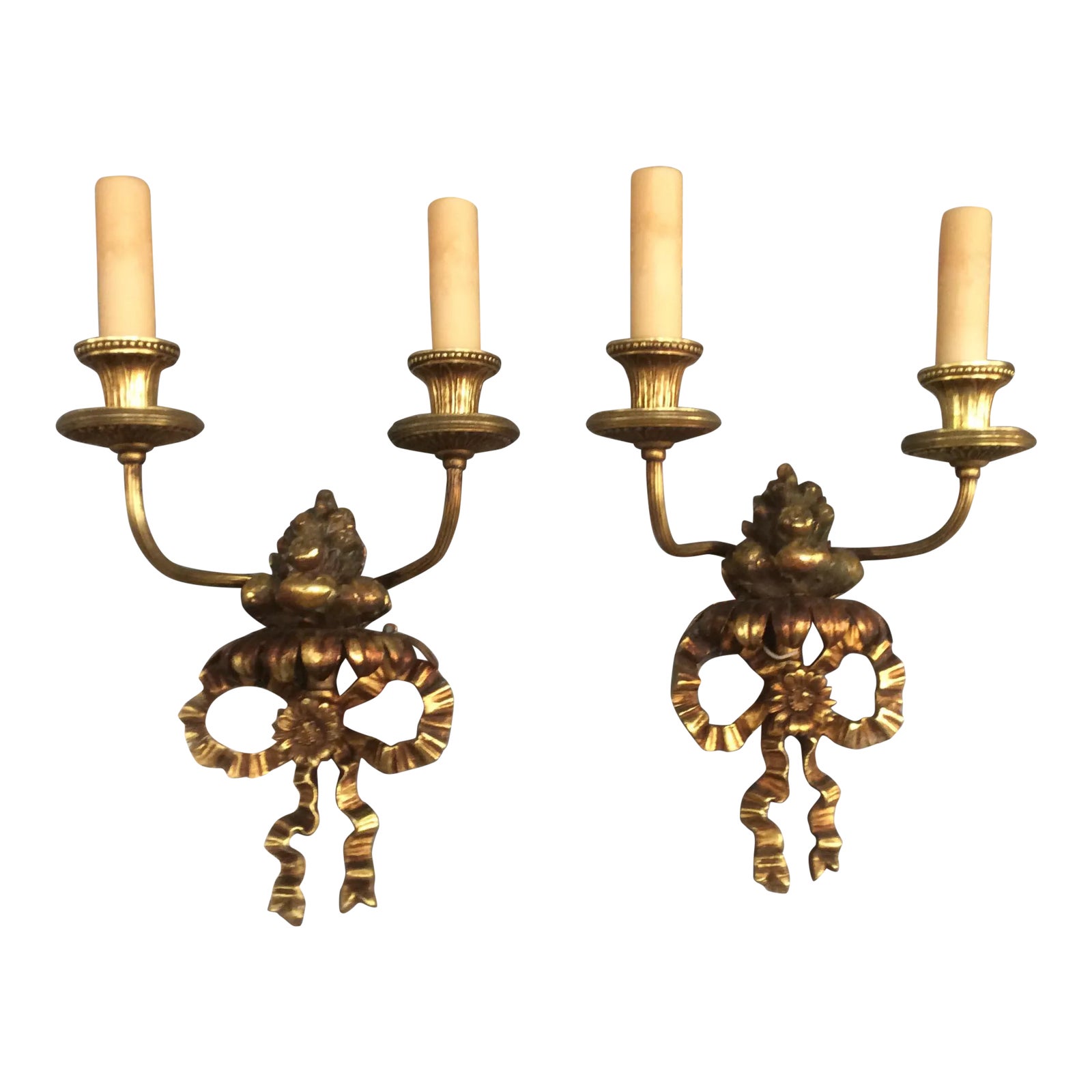 Gilt Bronze Fruit & Bow Wall Sconces - a Pair | Chairish